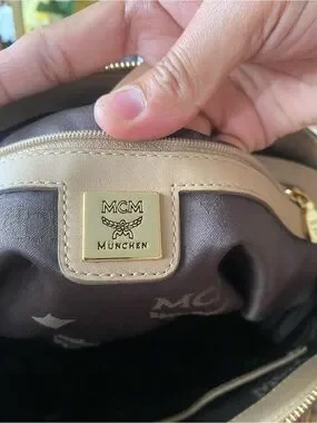 MCM | Bags | Mcm Beige Visetos Monogram Tote With Gold Plaque Accents ...